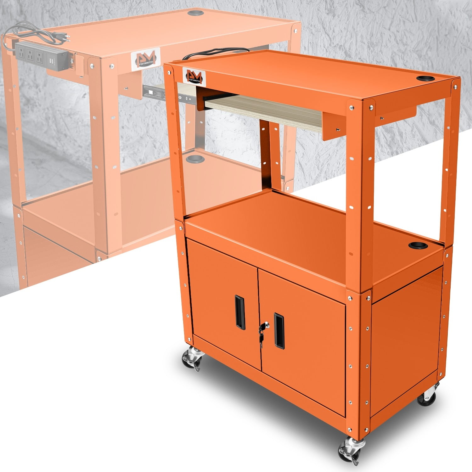 22"-42" Adjustable Height Orange Steel AV Cart USB Power Strip w ...