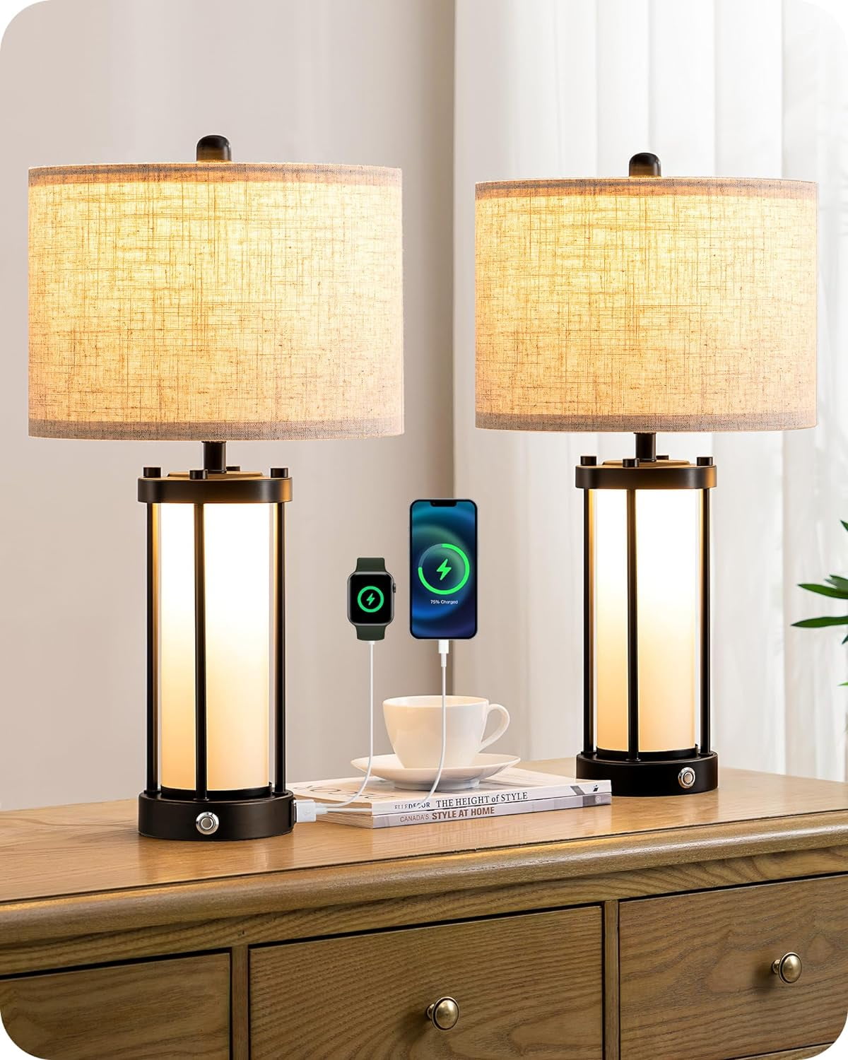 22.44" Farmhouse Table Lamps with Night Light, 3 Way Dimmable Touch ...