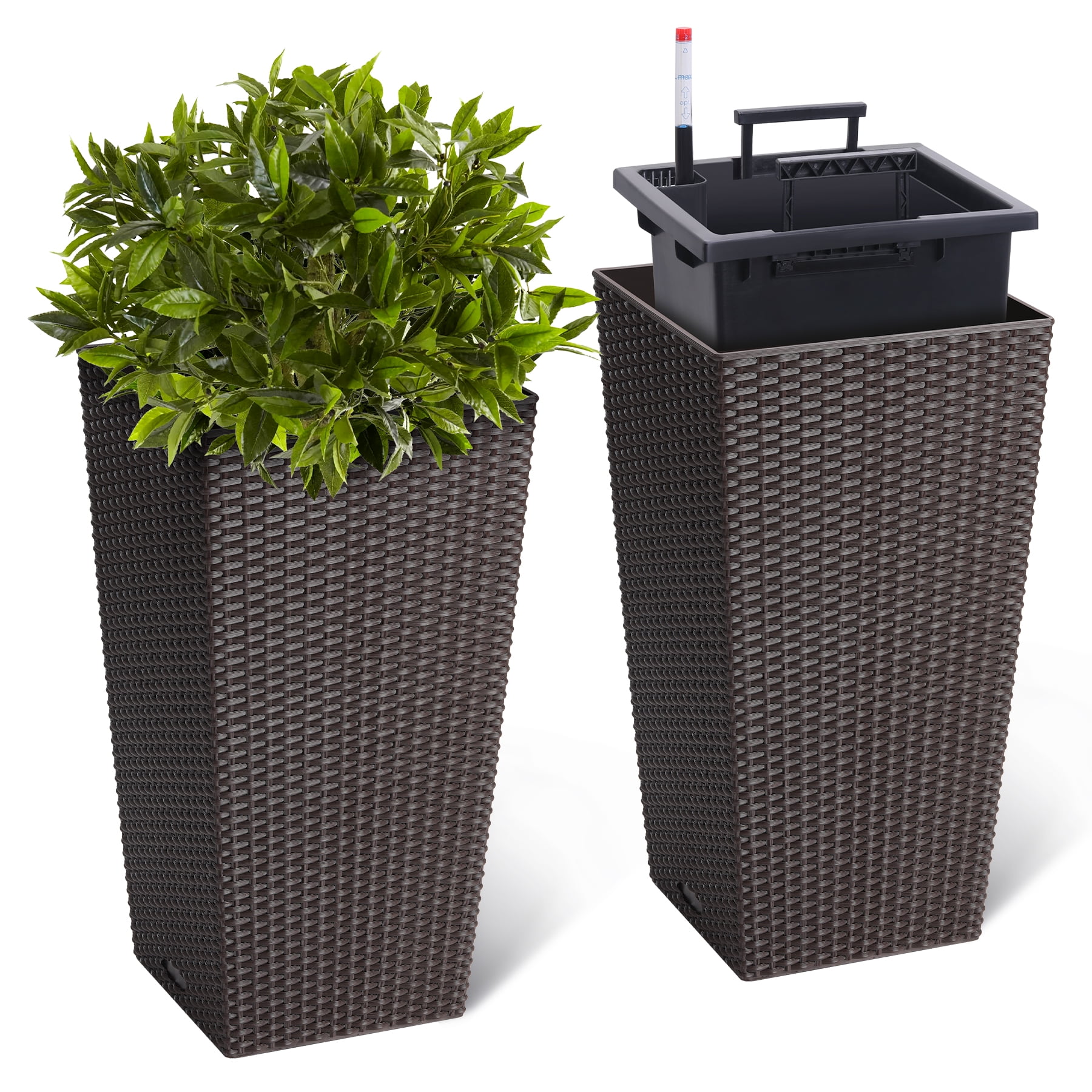 22.5 Inch Tall Planter Set of 2 Large Rattan Flower Pot with 2 Trays ...