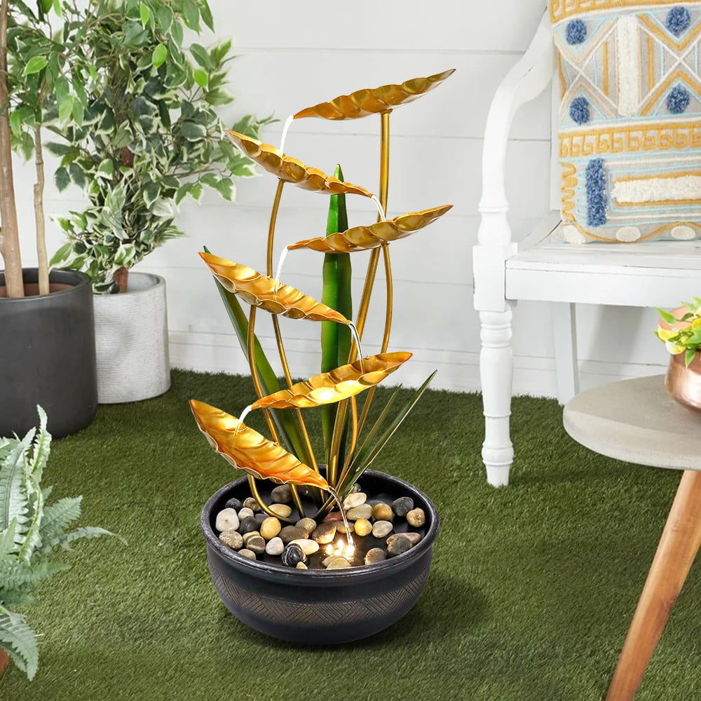 22.6 Inches High Water Fountain with LED Lights - 6-Tier Golden Leaf ...