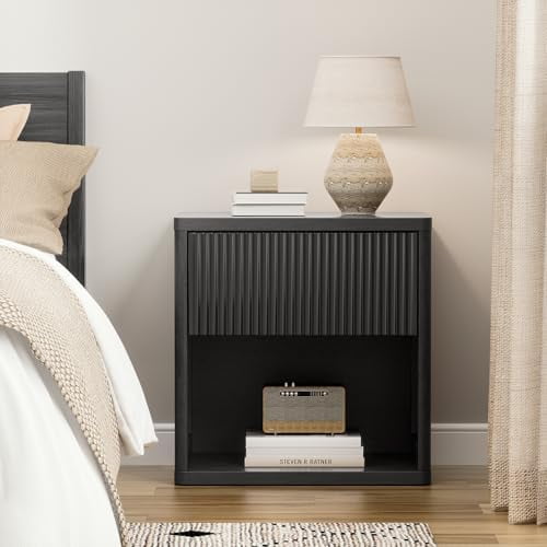 22.8" Black Fluted Nightstand with 2 Drawers, Mid Modern Nightstand ...