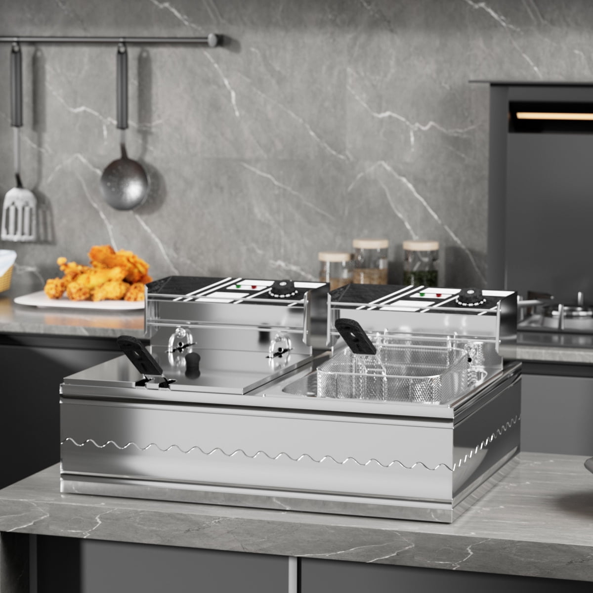 22.8QT 5000W Electric Double Deep Fryer - Stainless Steel Countertop ...