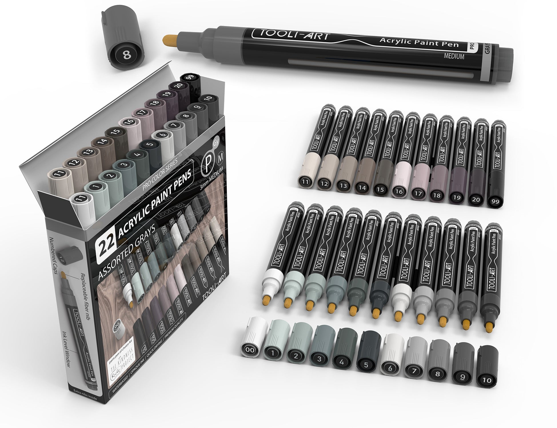 22 Acrylic Paint Pens (GRAYS) Pro Color Series Set 3mm Medium - Walmart.com
