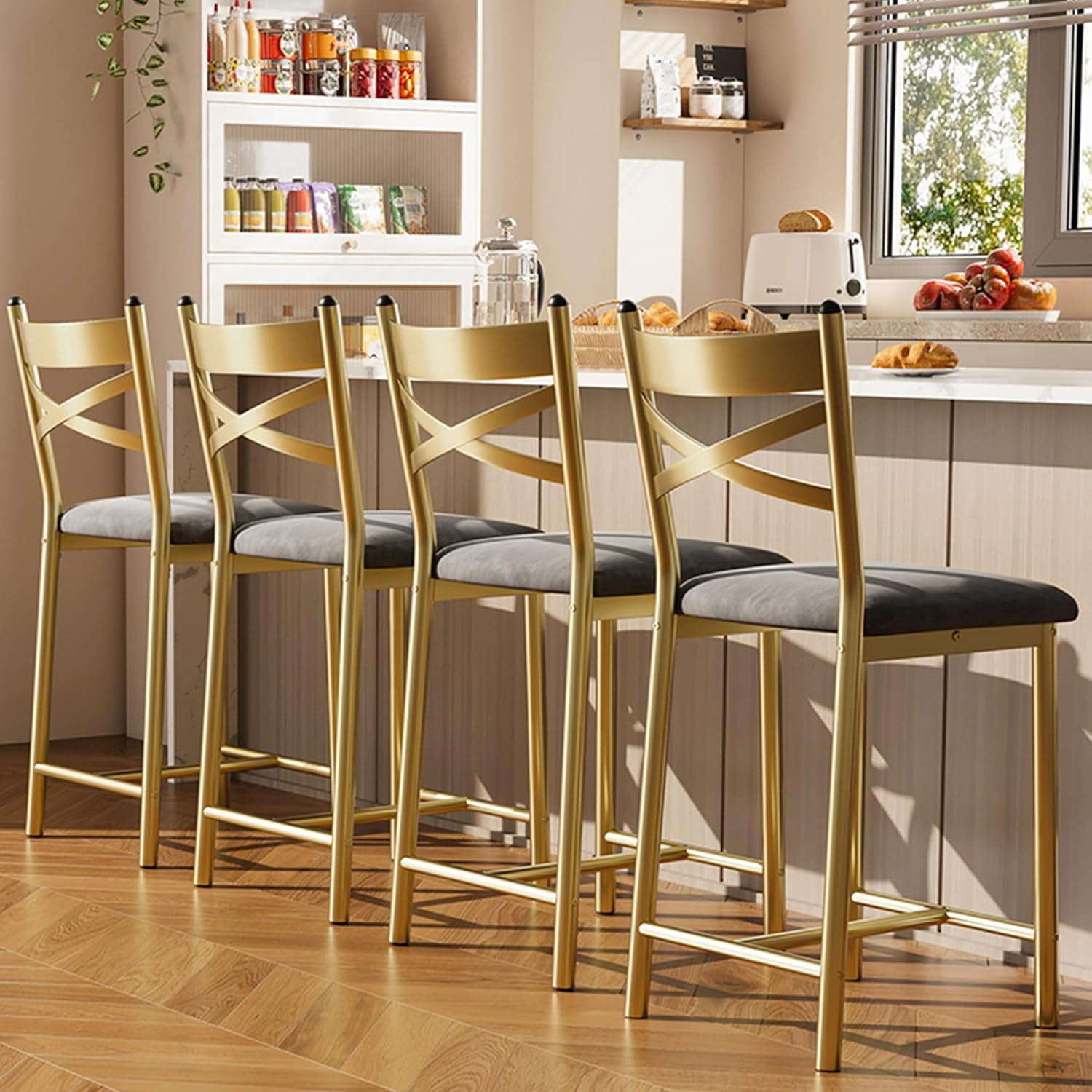 22" Bar Stools Set of 4, Counter Height Bar Stools with PU Upholstered ...
