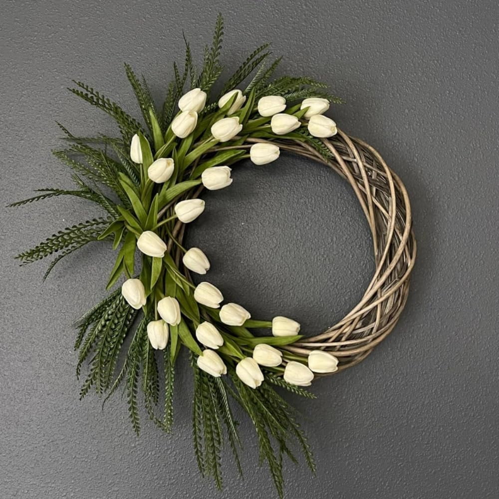 22" Beautiful Rattan Wreaths for Front Door, White Tulips Wreath, Wall ...