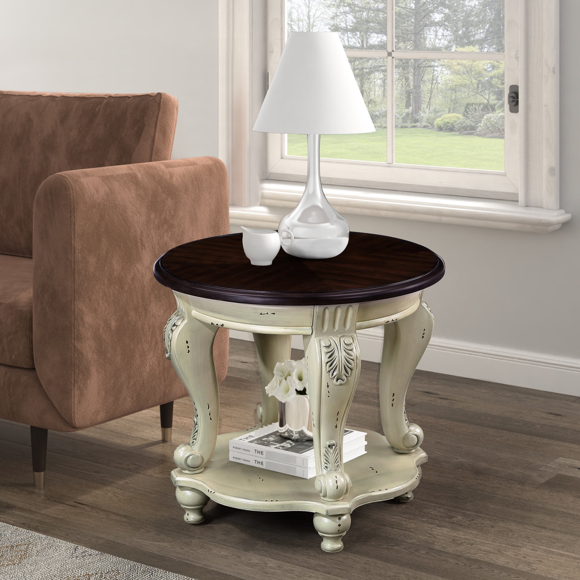 22" Beige And Round Table With Shelf, Solid Wood Construction, Easy ...