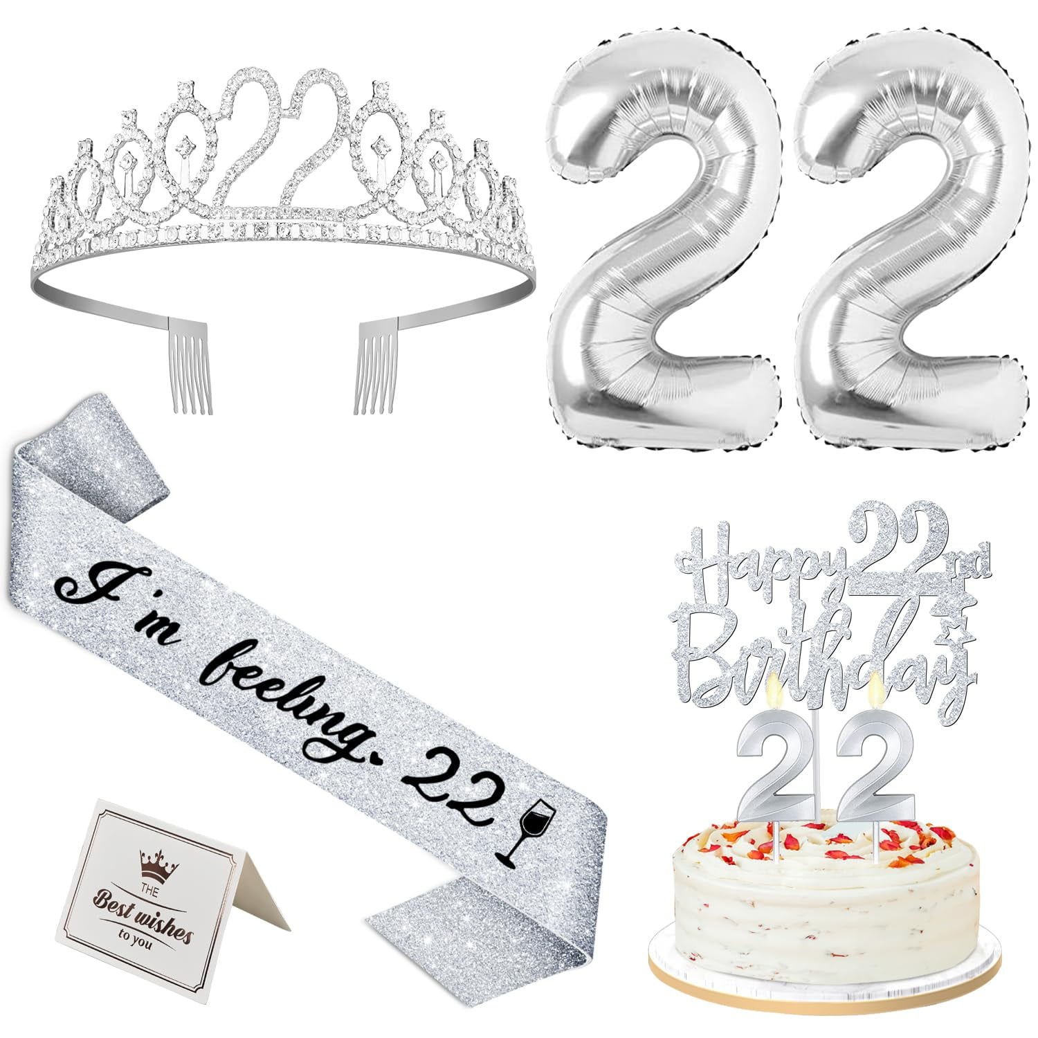 22 Birthday Decorations for IFF17 Women Silver with 22nd Birthday Sash and Crown, Cake Topper ...