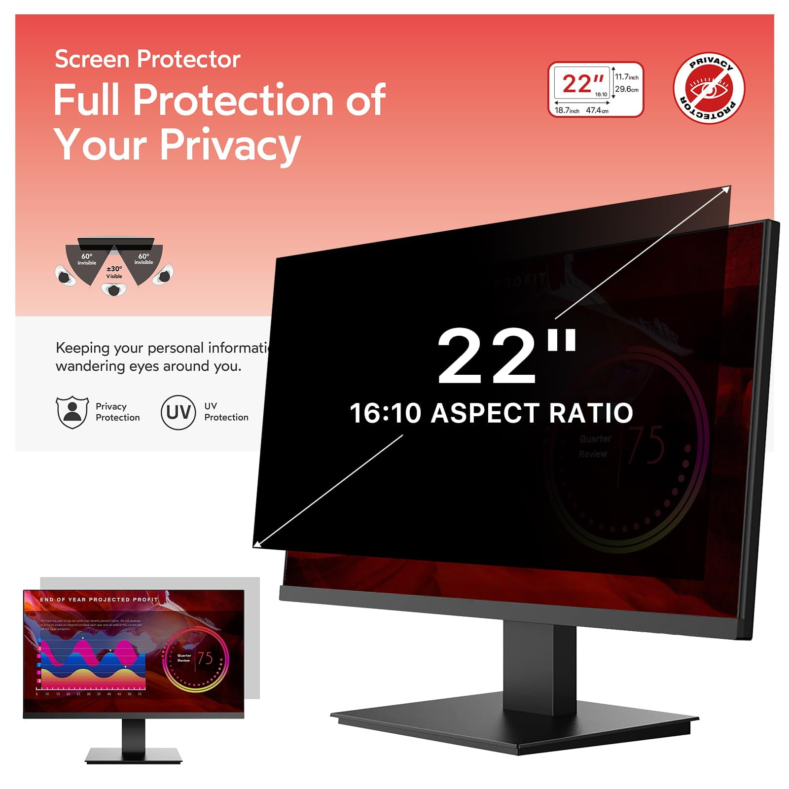 22" Computer Privacy Screen Filter for 16:10 Aspect Ratio Widescreen ...