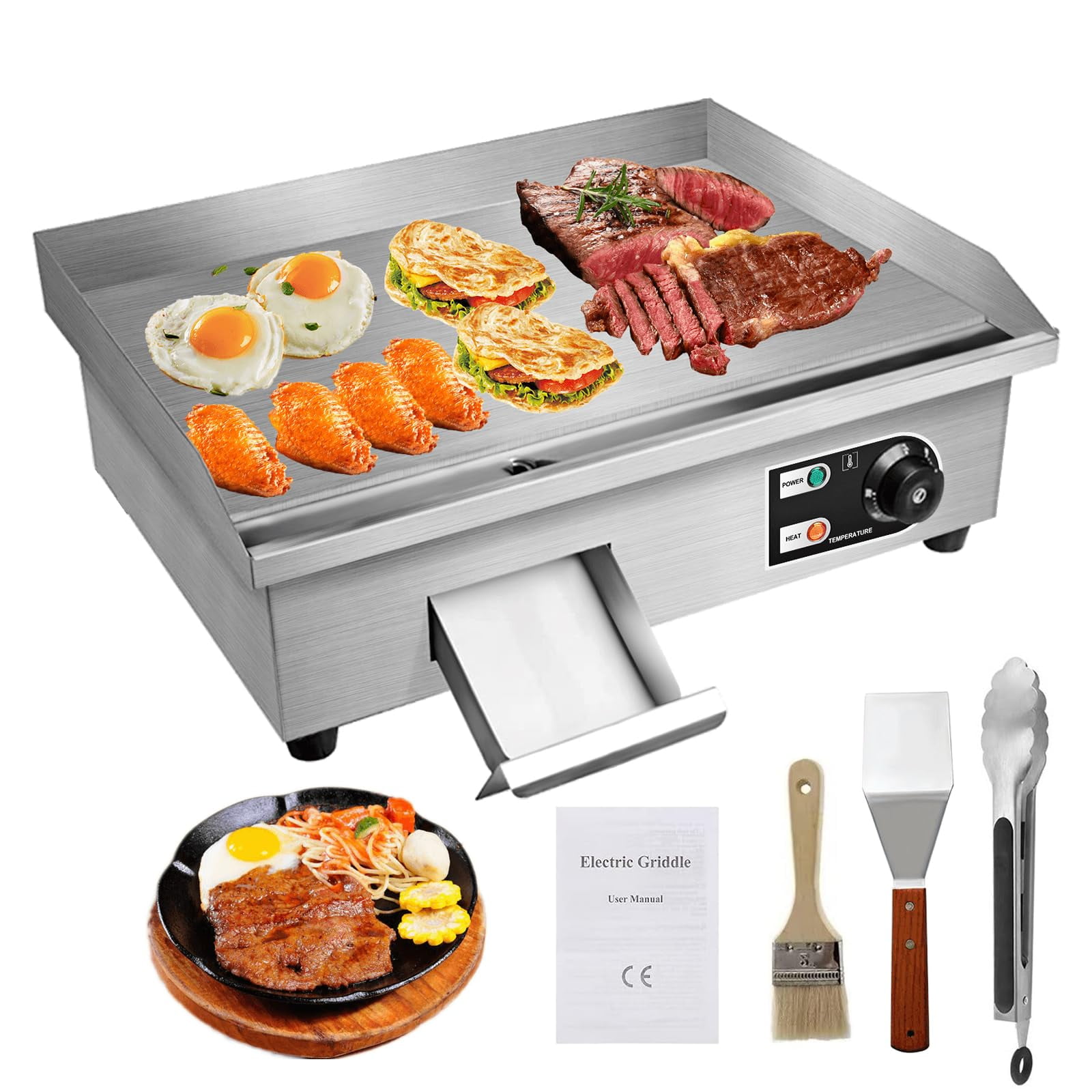 22" Electric Countertop Flat Top Griddle 1600W 110V Non-Stick ...