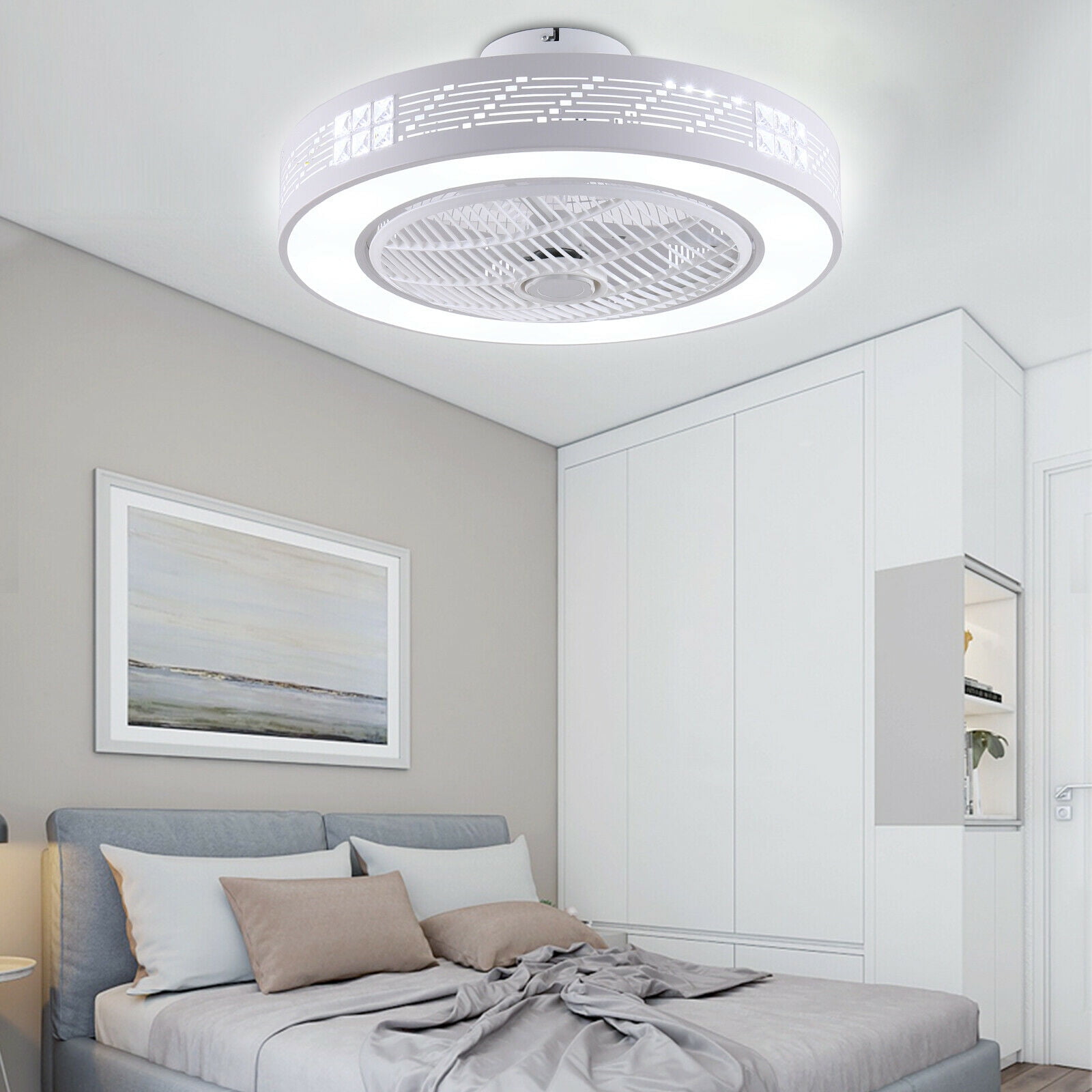 22'' Enclosed LED Ceiling Fan Light 3-Speed Flush Mount Fan Chandelier ...