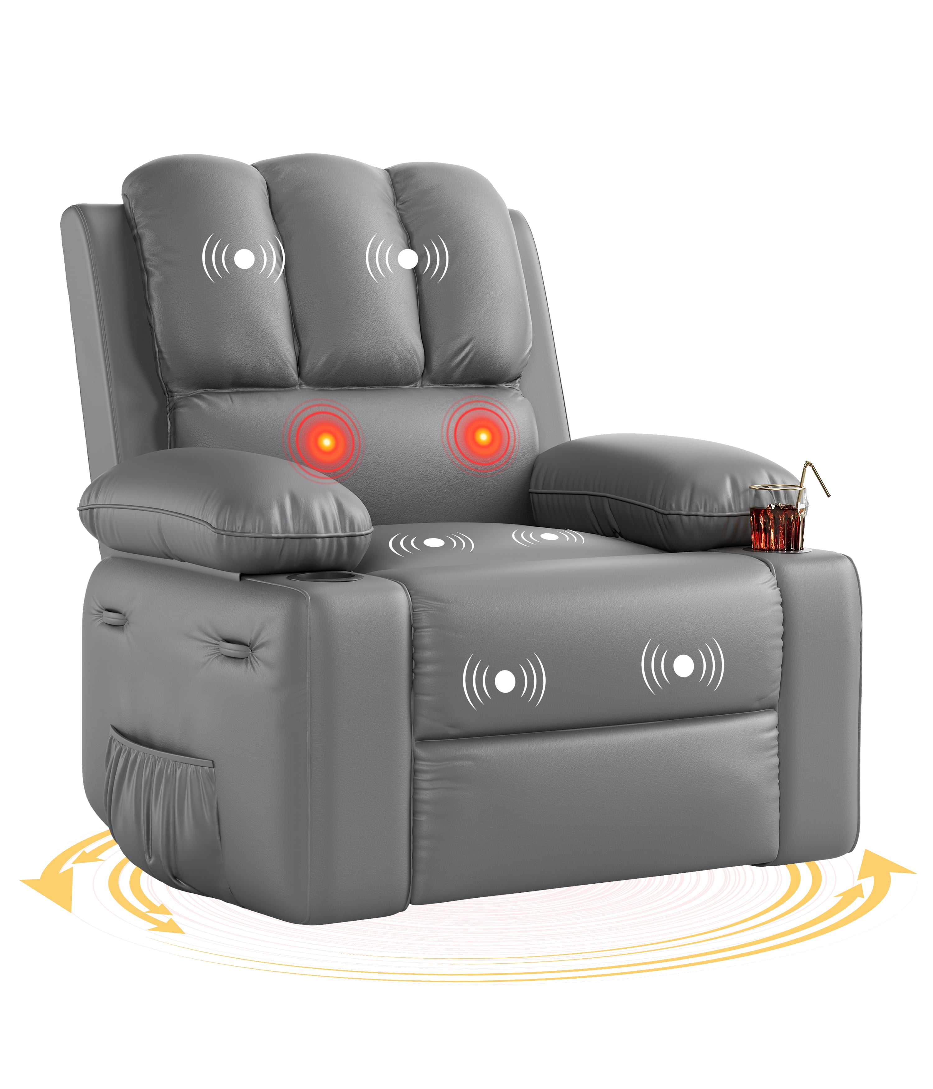 22" Extra-Large Swivel Recliner Chair with Heat & Massage, 360° Manual ...