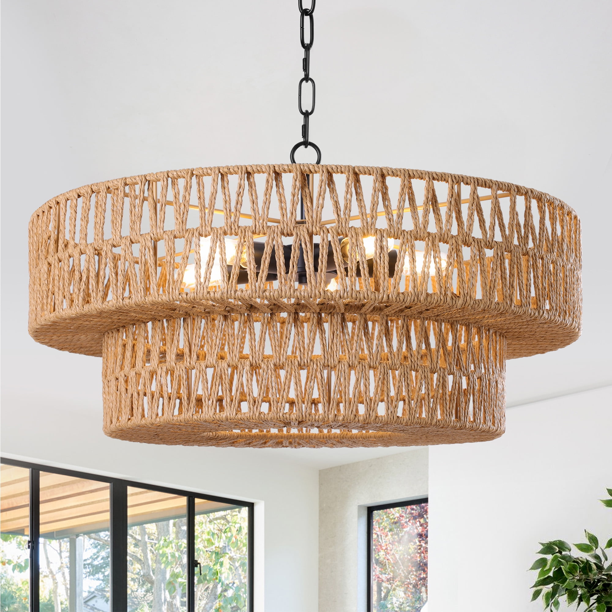 22"Farmhouse Hand-Woven Rattan Chandeliers for Dining Room 5-Light Boho ...