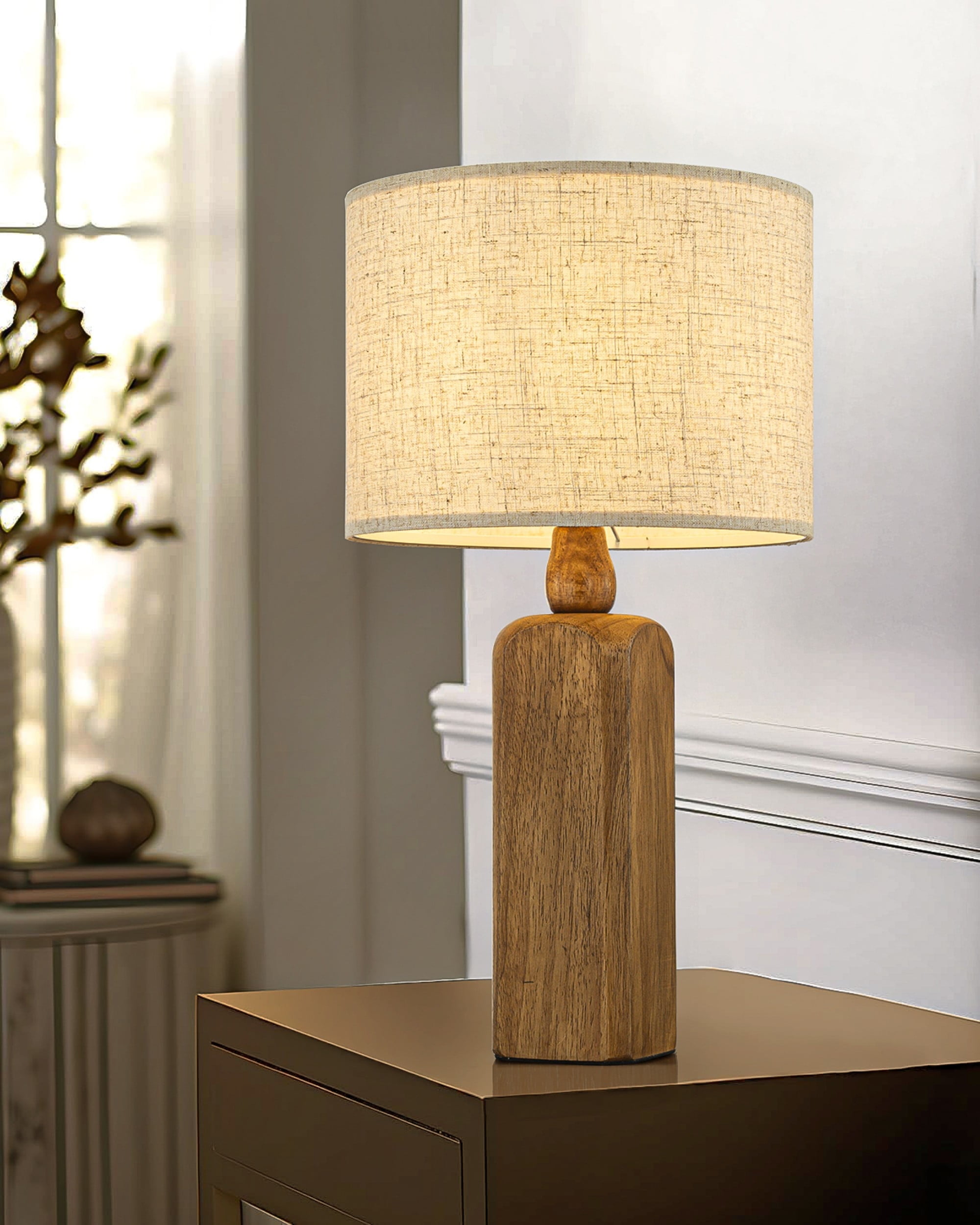 22" Farmhouse Table Lamp with Honey Natural Wood Base Classic Beige ...