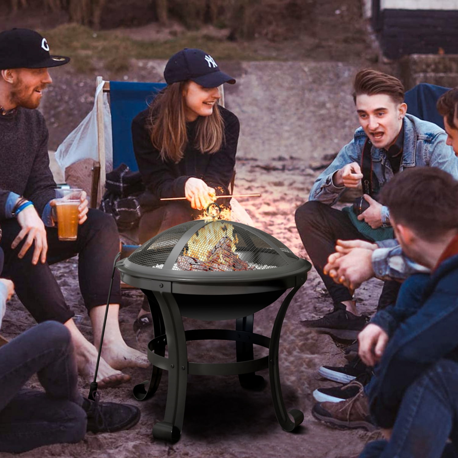 22" Fire Pit for Patio, Outdoor Metal Fire Pit with Flame-Retardant Lid ...