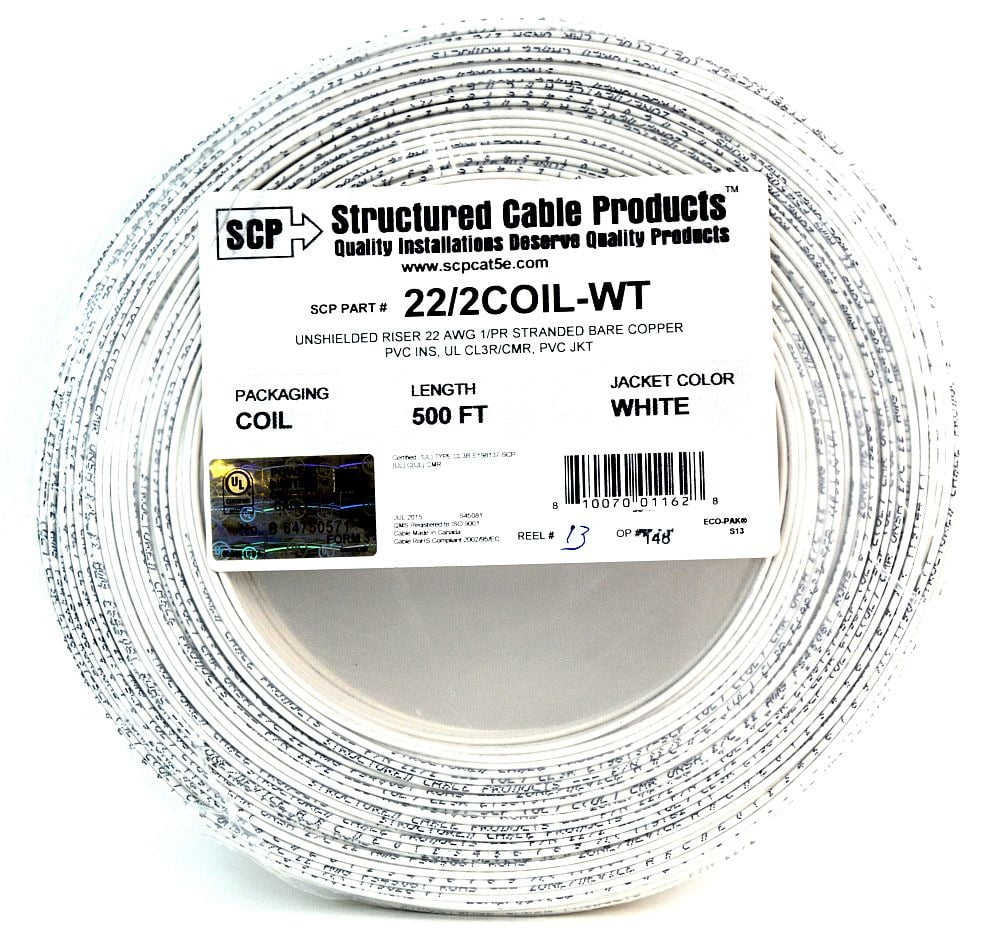 Stranded Copper 22 Gauge 2 Conductor 500 Feet White Security Alarm Wire ...