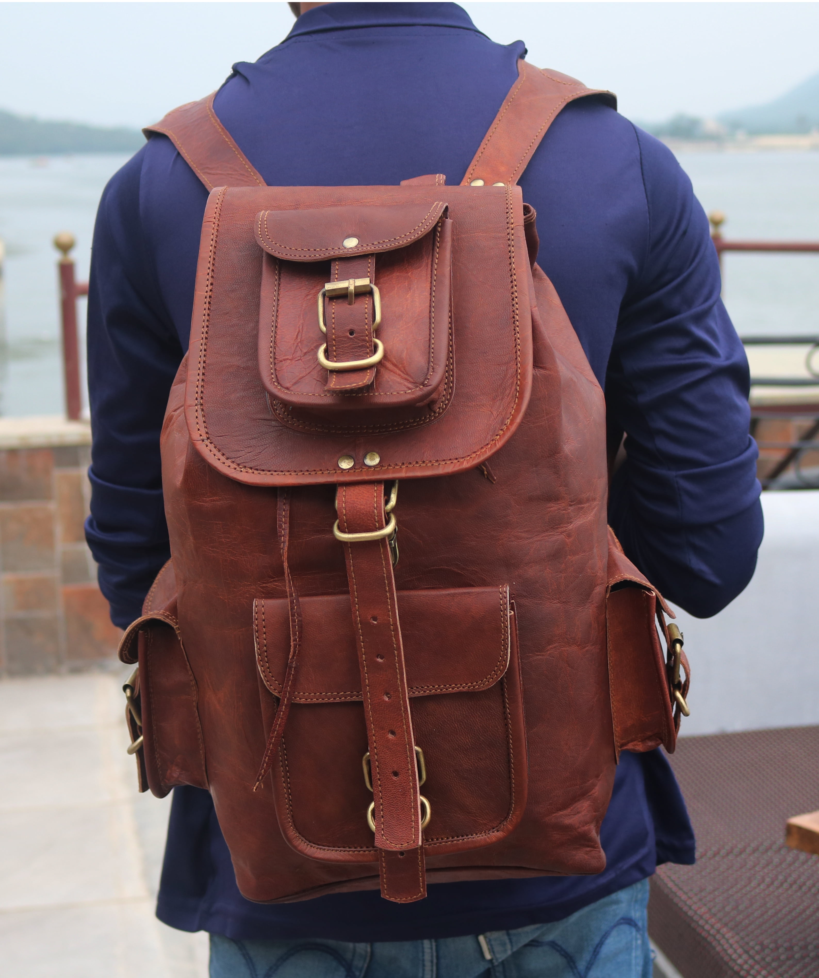 22" Handmade Vintage Leather Retro travel rucksack backpack Laptop bag ...