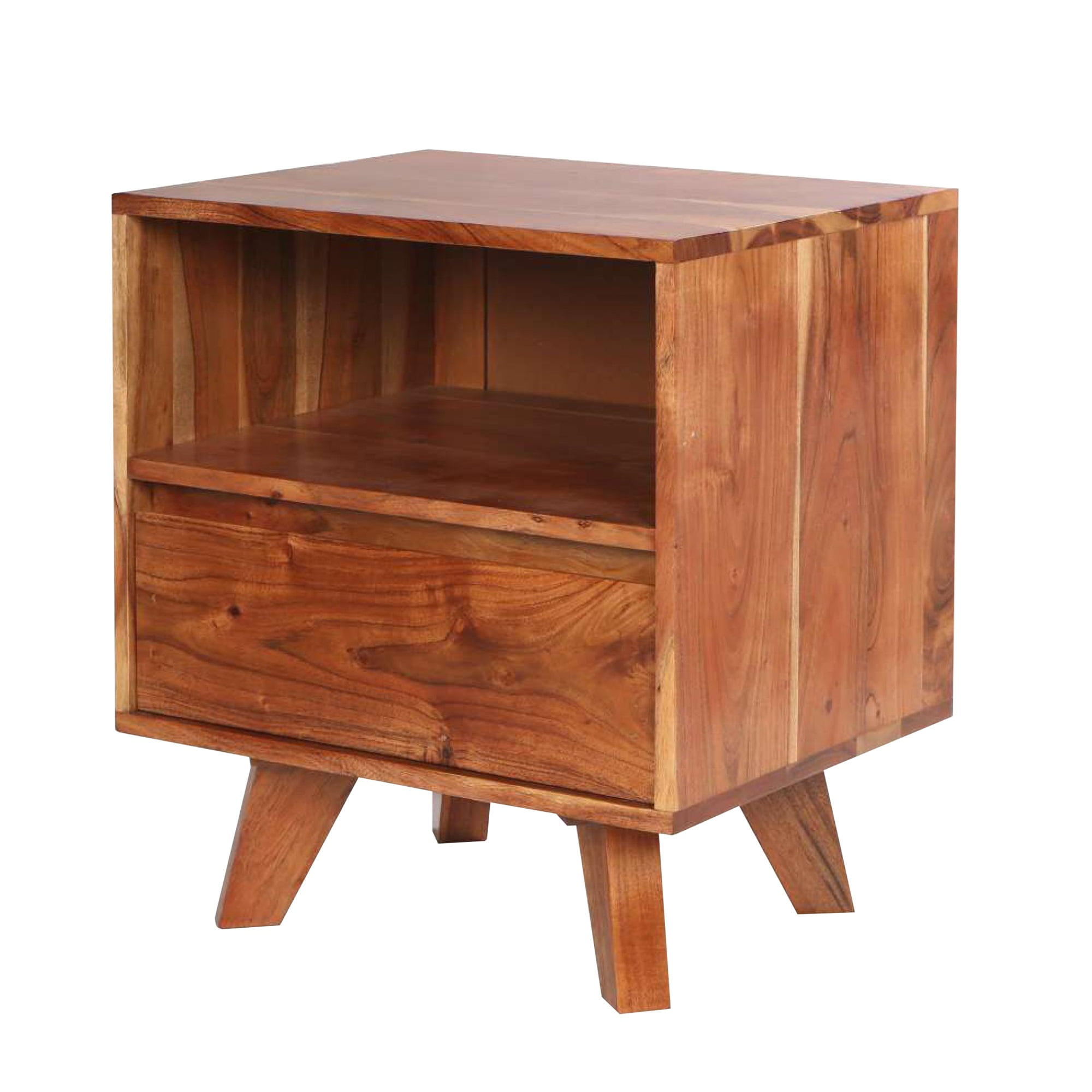 22 Inch Acacia Wood Bedside Table, 1 Drawer, 1 Cubby, Grain Details ...