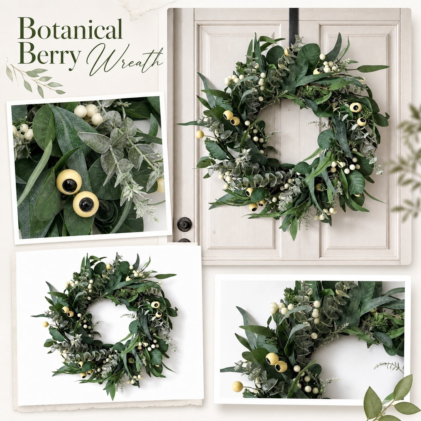 22 Inch Artificial Greenery Wreath with White & Yellow Berries, Faux ...