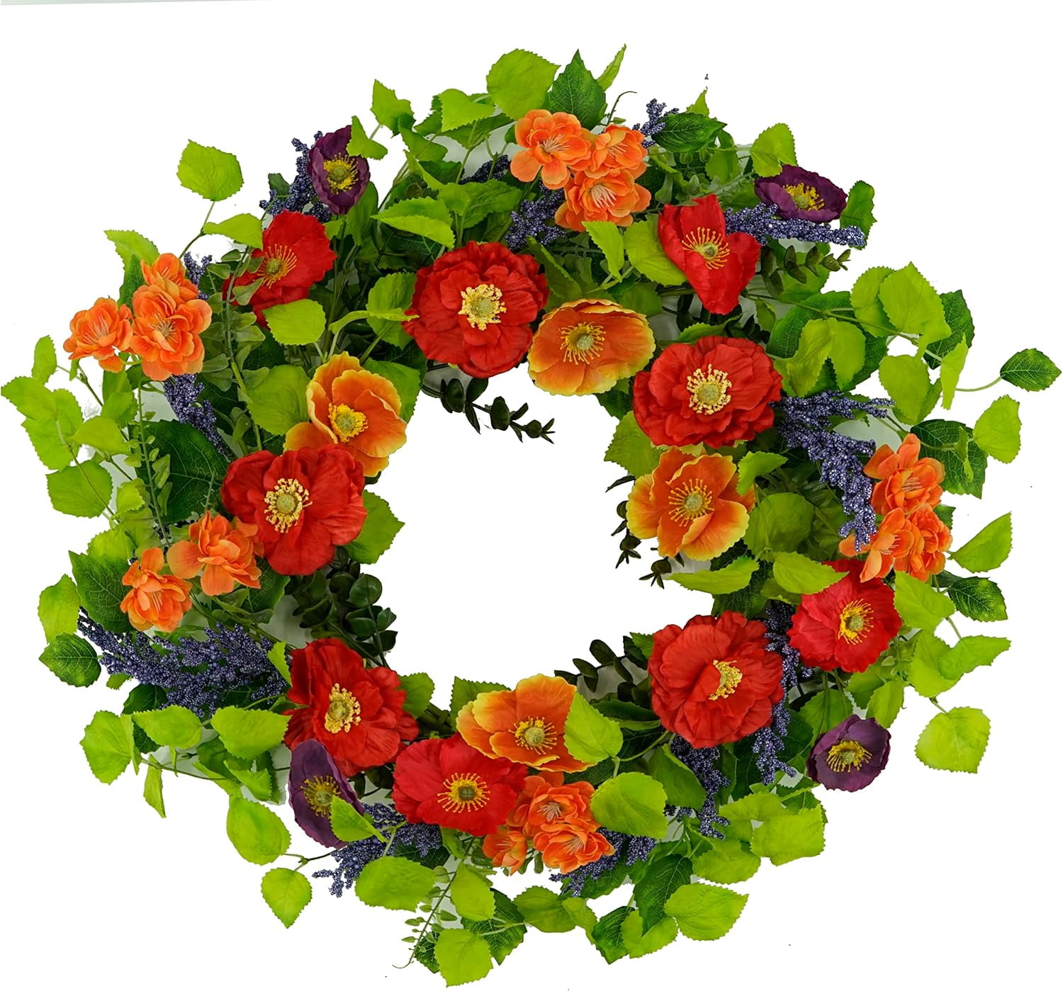 22 Inch Artificial Spring Summer Wreath for Front Door, Poppy Wreath ...