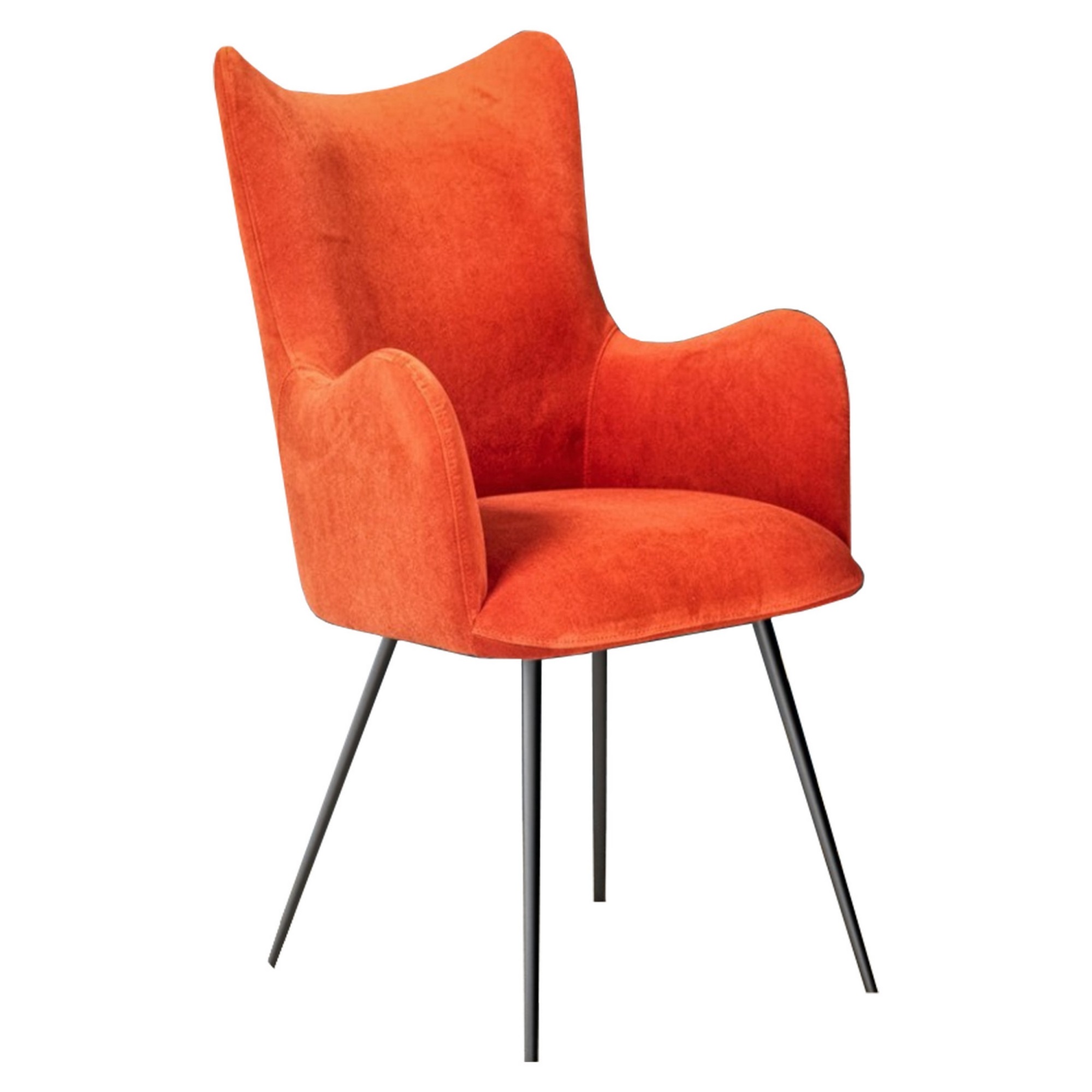 22 Inch Dining Chair, Concave Back, Curved Arms, Orange Fabric, Metal ...