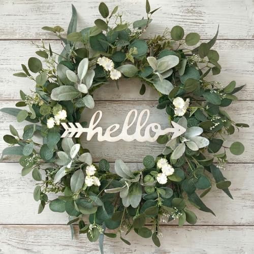 22 Inch Eucalyptus Wreath with Hello Sign, Spring Summer Wreaths for ...