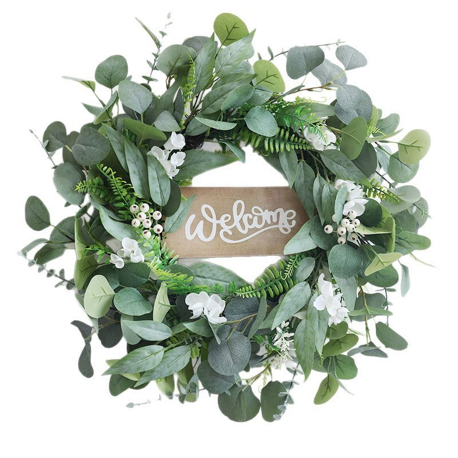 22 Inch Eucalyptus Wreath with Welcome Sign, Spring Summer Wreaths for ...