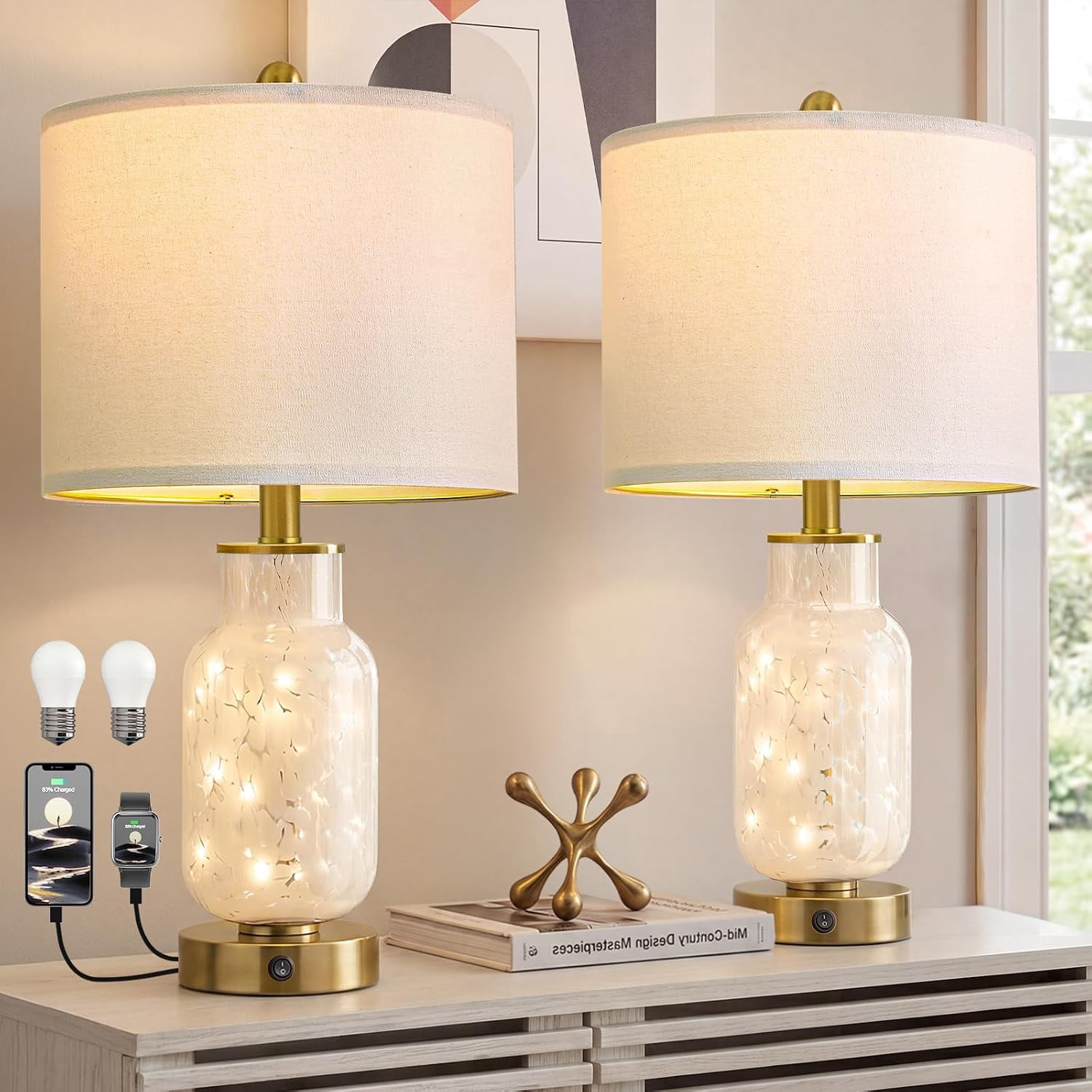 22 Inch Glass Table Lamps Set of 2 White Modern Bedside Lamp with LED ...