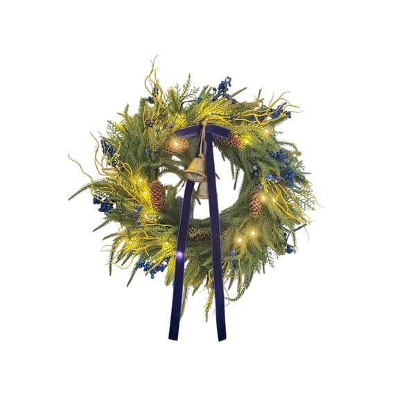 22 Inch Lighted Christmas Wreath with Greenery Pinecones Blue Berries ...