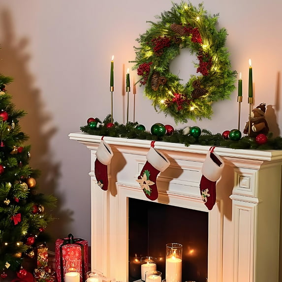 22 Inch Pre-Lit Artificial Christmas Wreath with LED Lights & Red ...