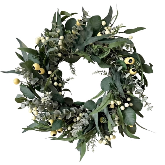 22 Inch White Berry Lambs Ear Wreath, Artificial Greenery Garland for ...