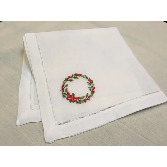 22 Inch White Ivory Evergreen Christmas Hemstitch Linen Cloth Napkin ...