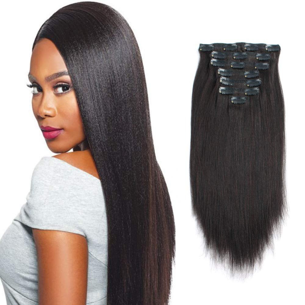 22 Inches Long Hair Clip ins Full Head Yaki Straight Jet Black 1# 120g ...