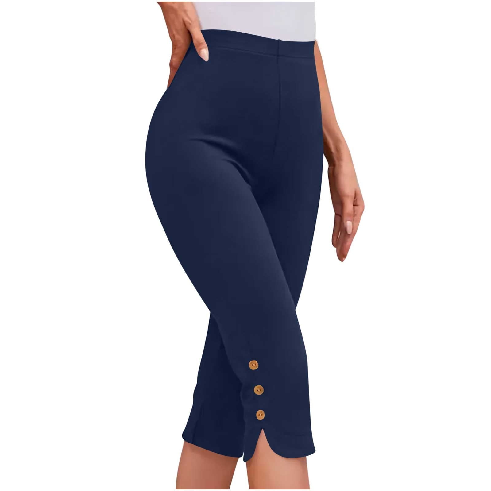 22" Inseam Navy High Waisted Leggings for Women - Full Length Capri ...