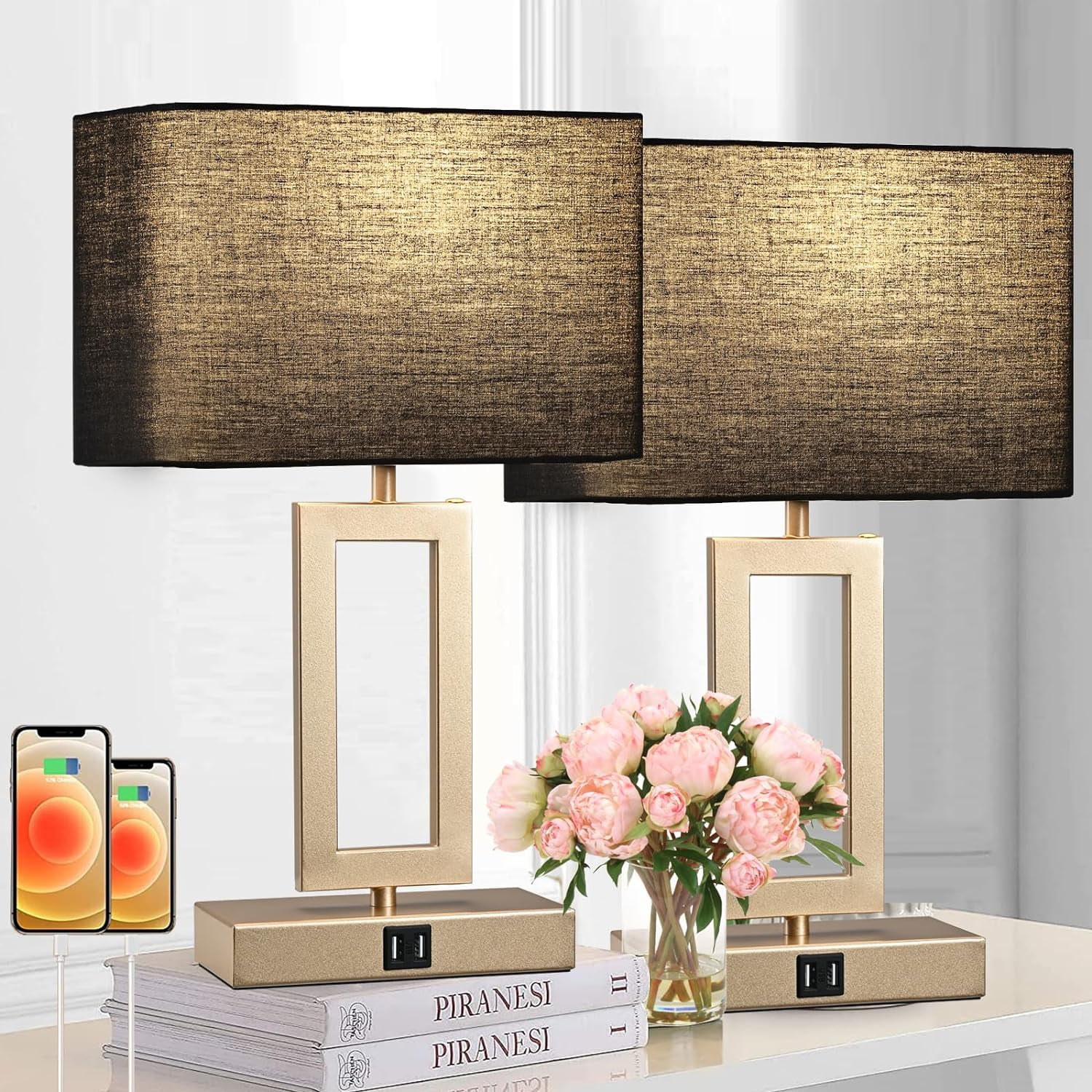 22'' Lamps for Bedrooms Set of 2, Touch Control Table Lamps with 2 USB ...