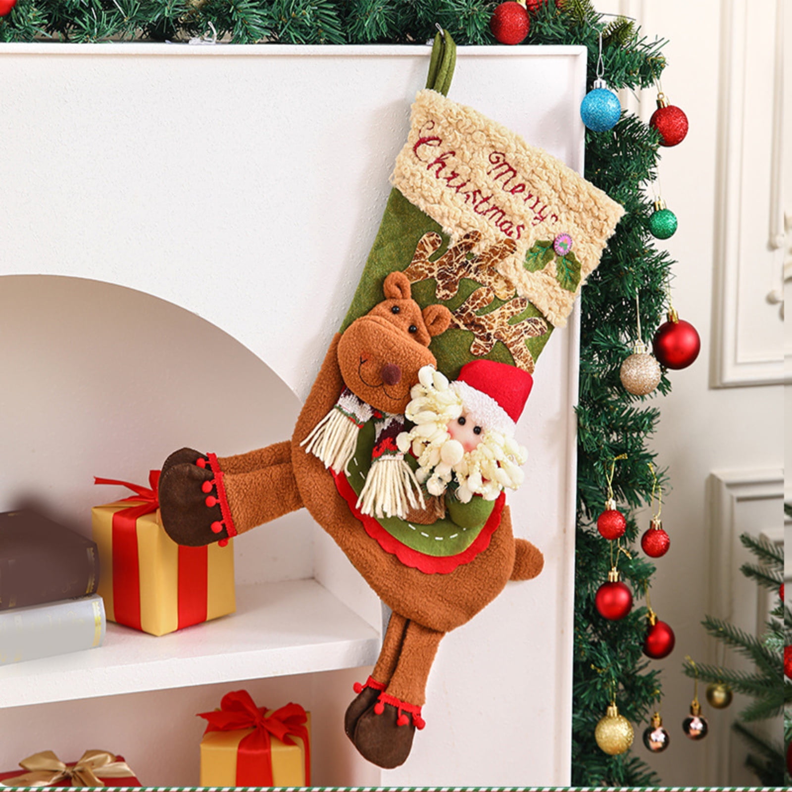 22" Large Christmas Stockings, Santa & Snowman Riding Deer Design ...