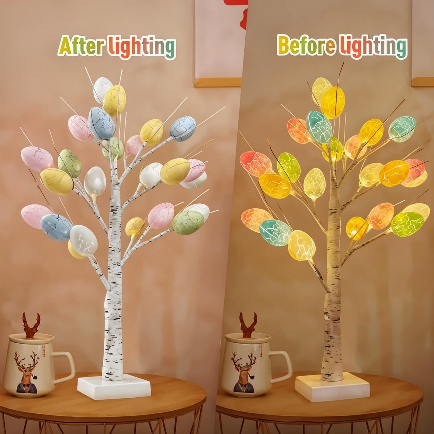 22" Lighted Easter Egg Tree, White Birch Tabletop Tree with 24 Hanging ...