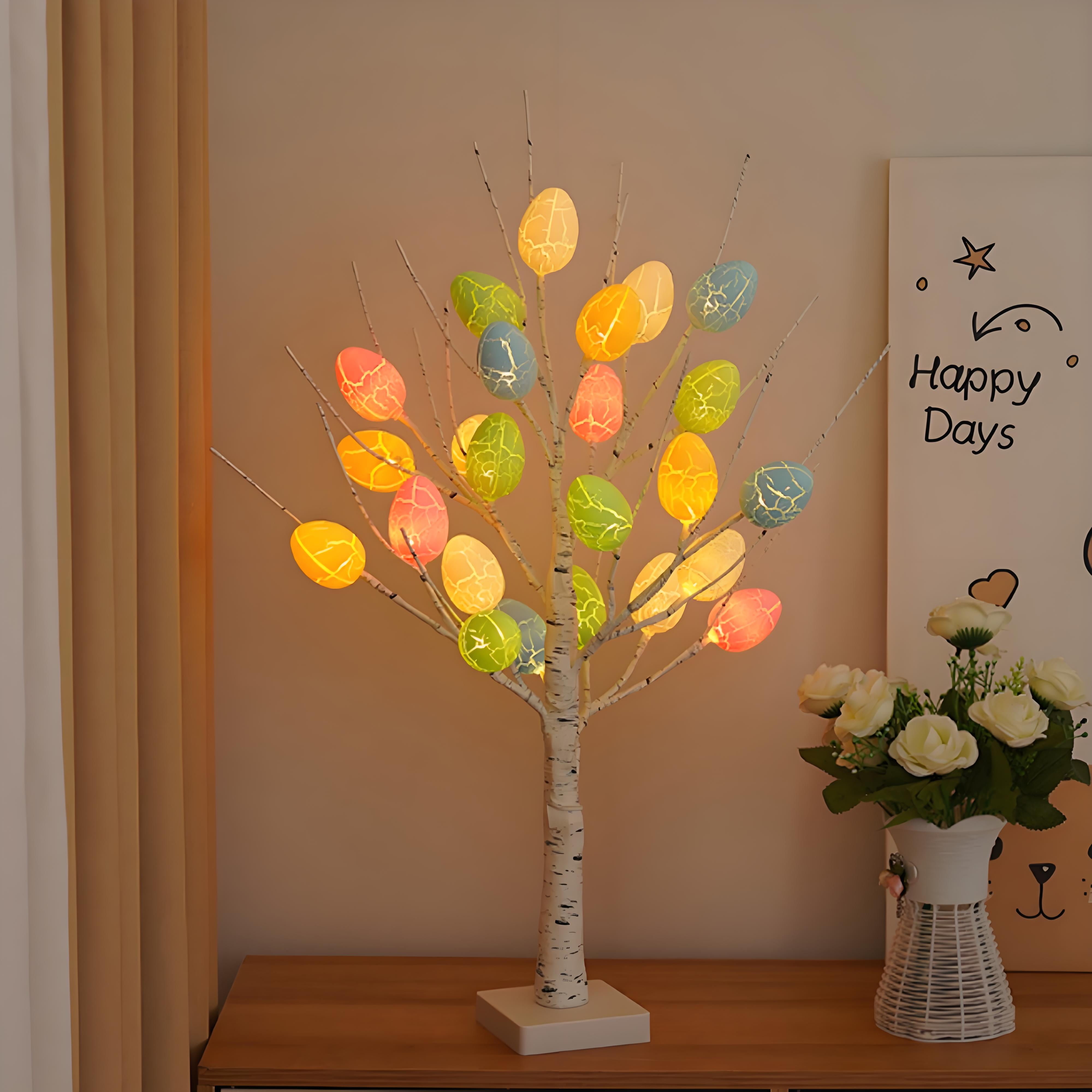 22" Lighted Easter Egg Tree, White Birch Tabletop Tree with 24 Hanging ...