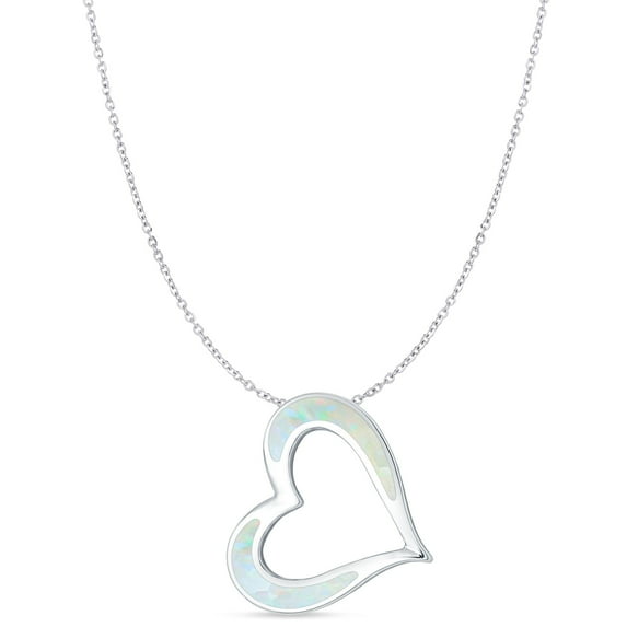 22" Long 1.4mm Cable Chain- Lab Created White Opal Heart Pendant ...