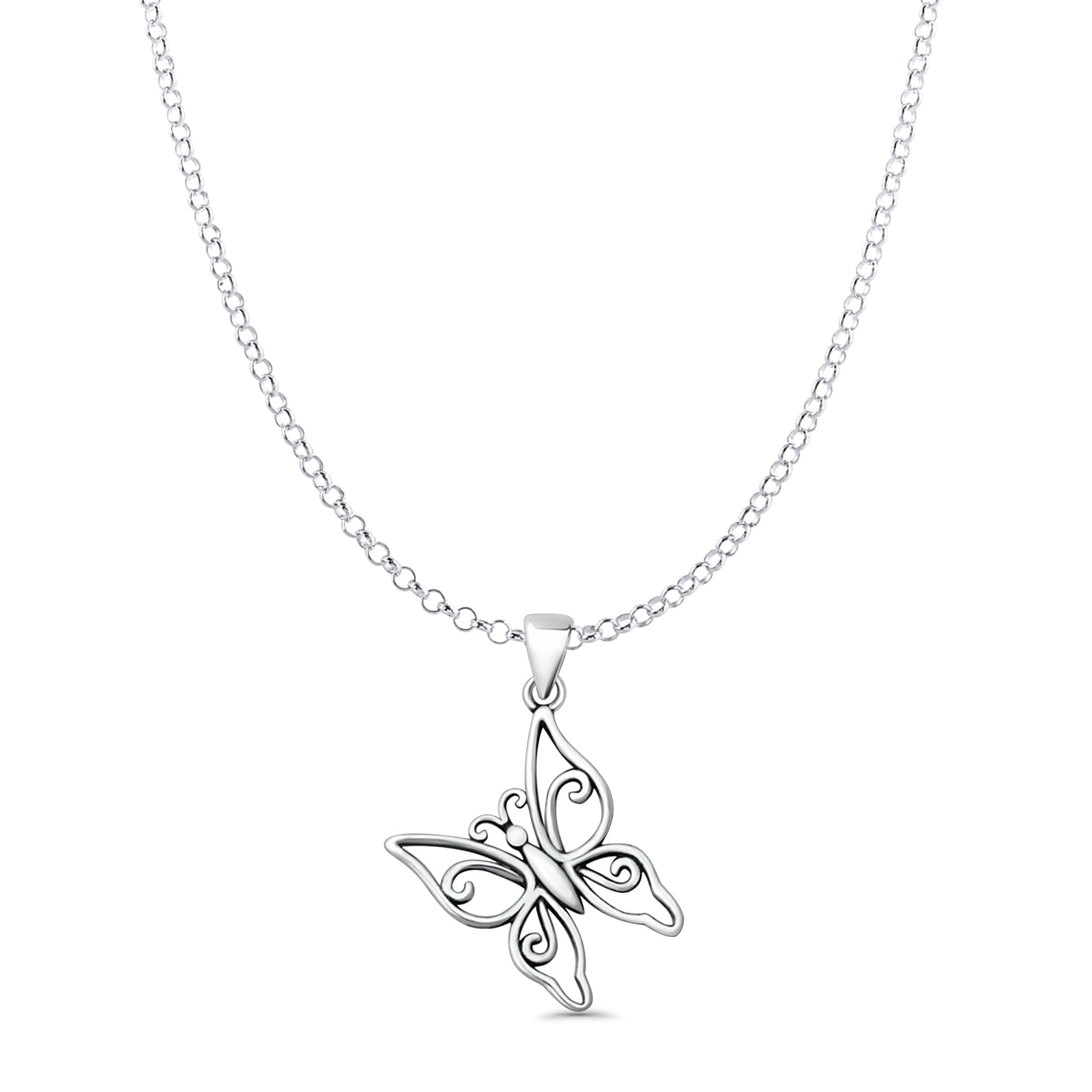 22" Long 1.8mm Rolo Chain- Butterfly Pendant Necklace Oxidized Filigree ...