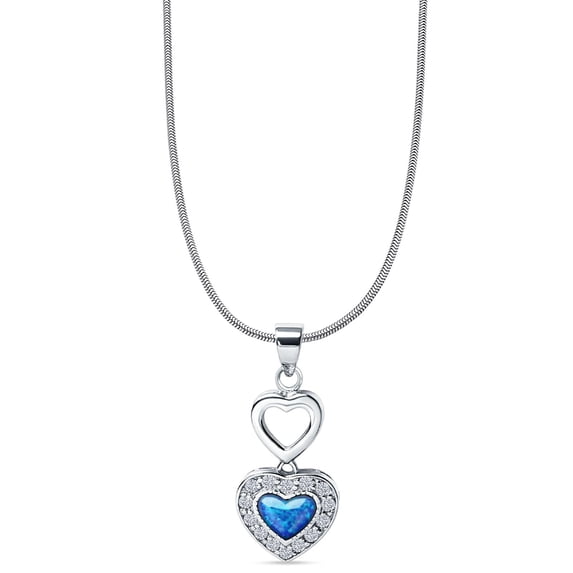 22" Long 1mm Snake Chain- Lab Created Blue Opal & CZ Heart Pendant ...