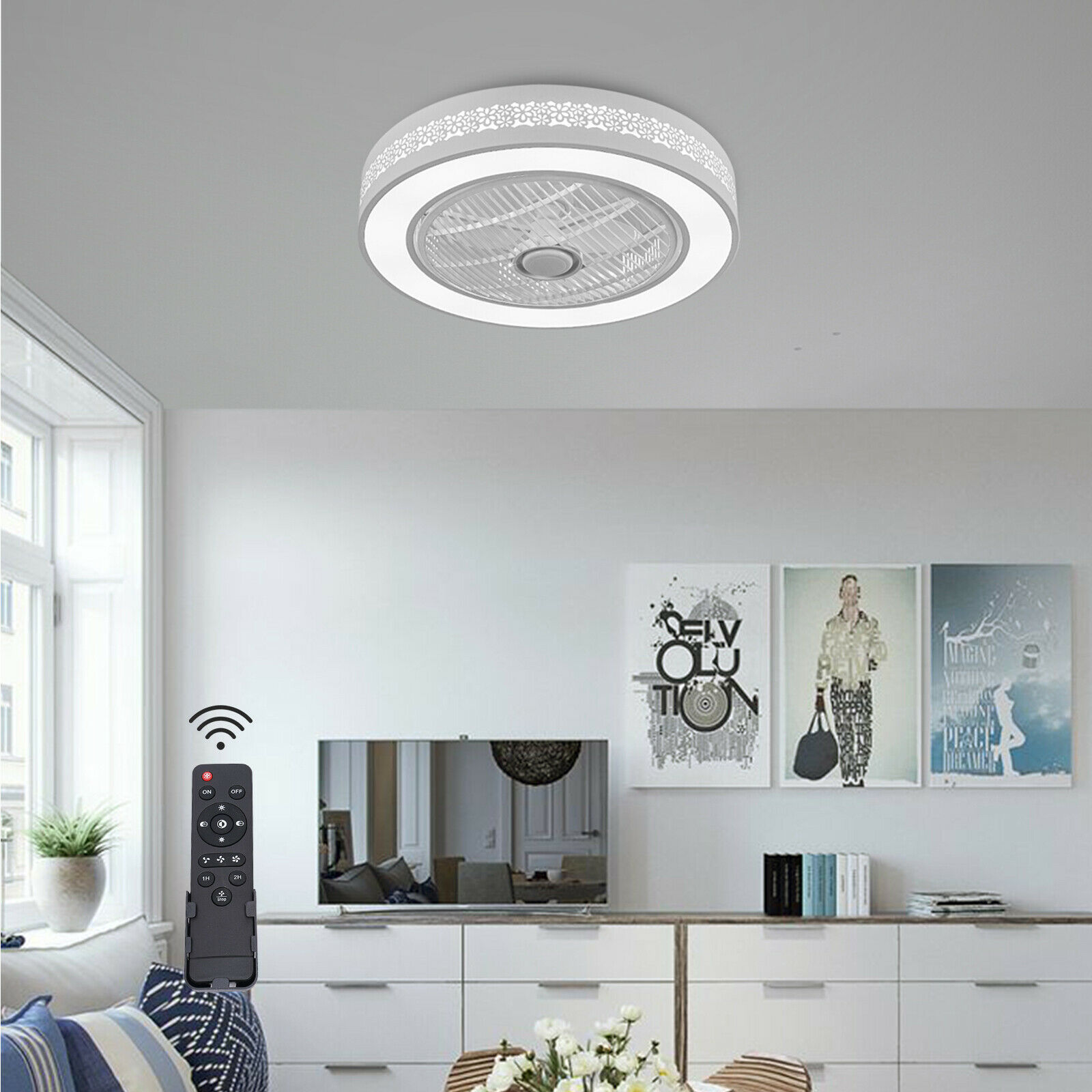 22" Modern Acrylic Ceiling Fan Light Invisible Enclosed Fan Chandelier ...
