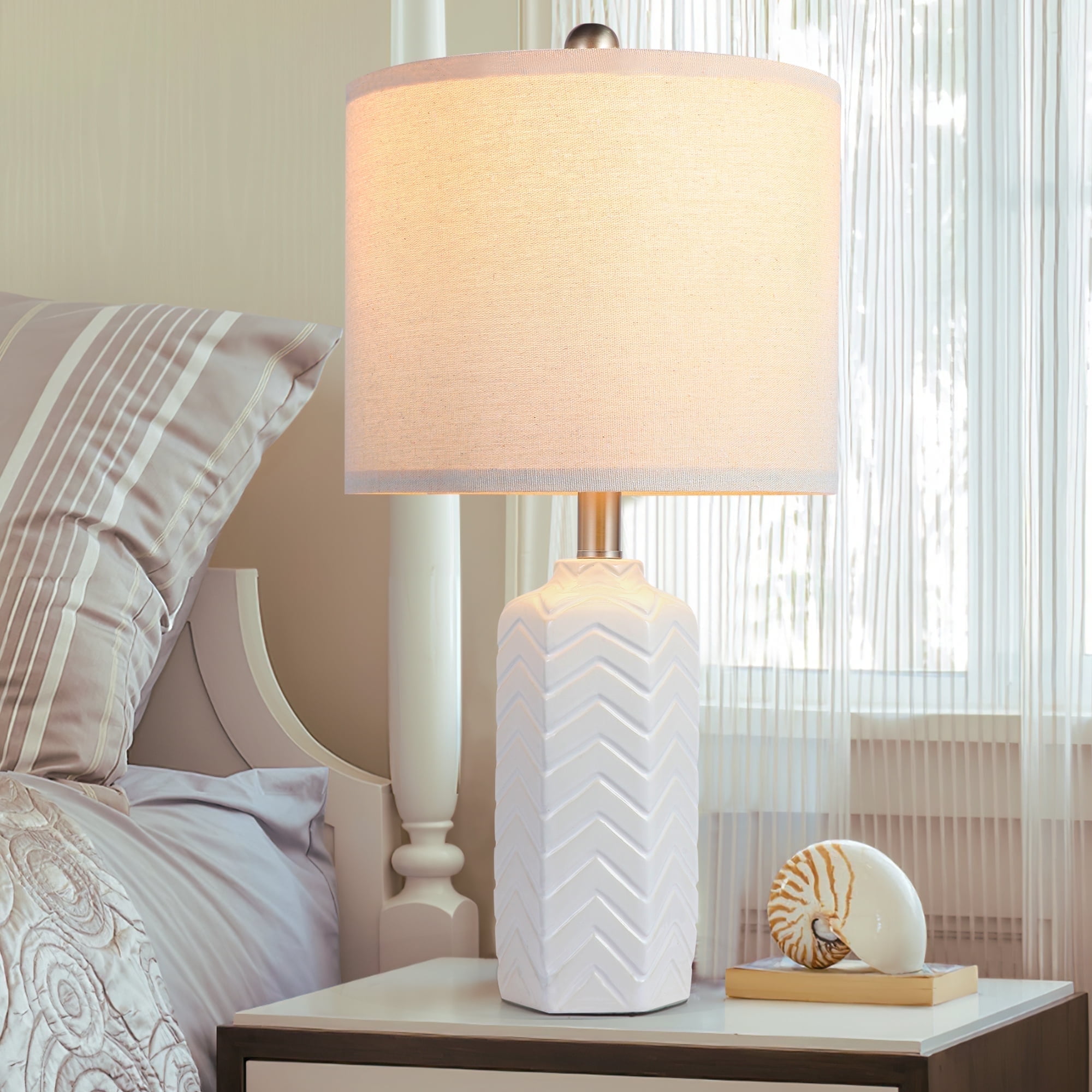 22" Modern Ceramic Table Lamp White Nightstand Lamp Farmhouse Bedside ...