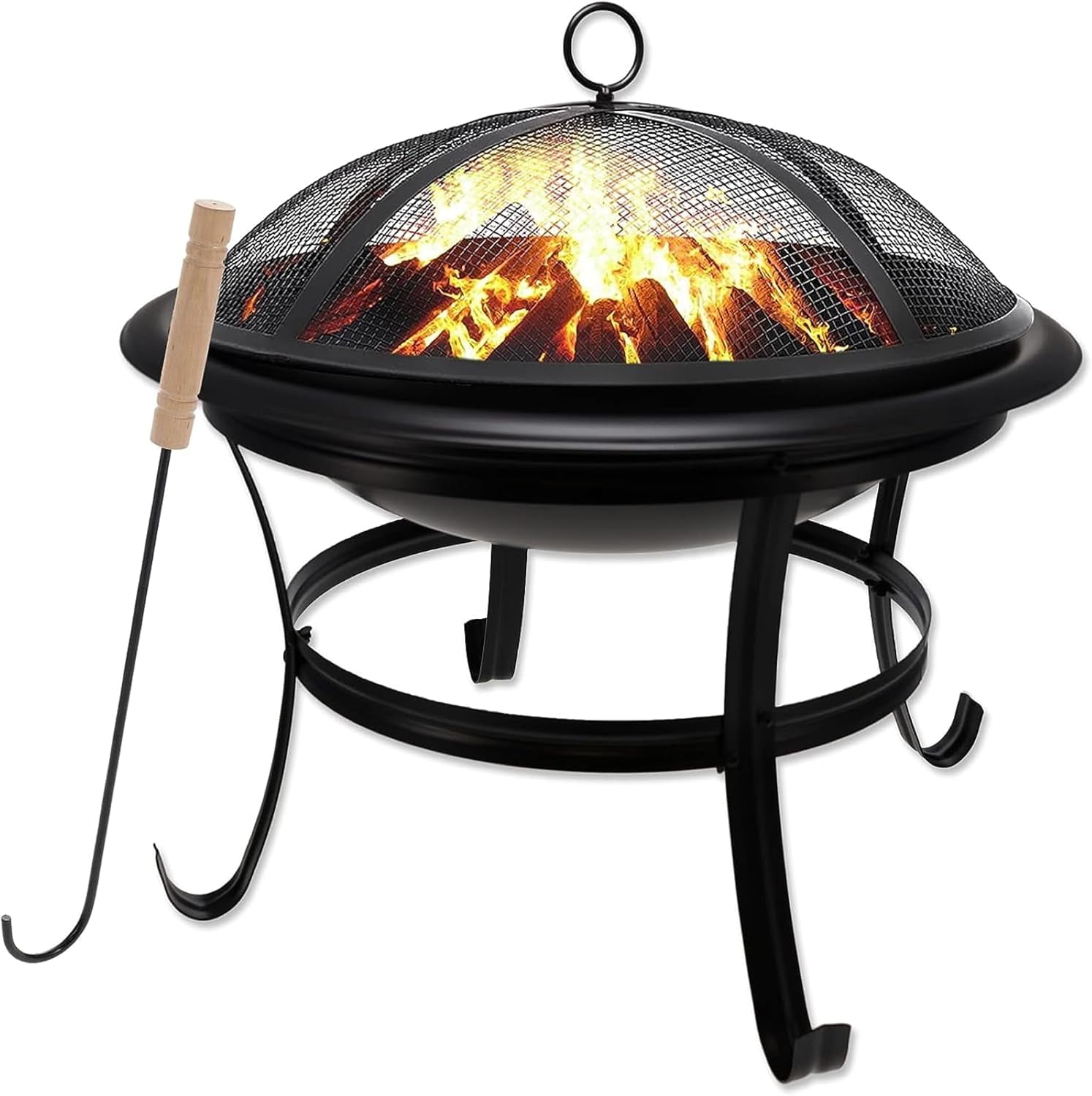 22 in Outdoor– Wood Burning Fire Pit with Mesh Lid and Fire Picker ...