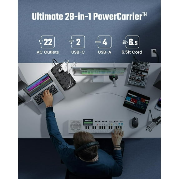 22-Outlets Surge Protector with 2 USB-C and 4 USB-A Ports, 10FT Flat ...