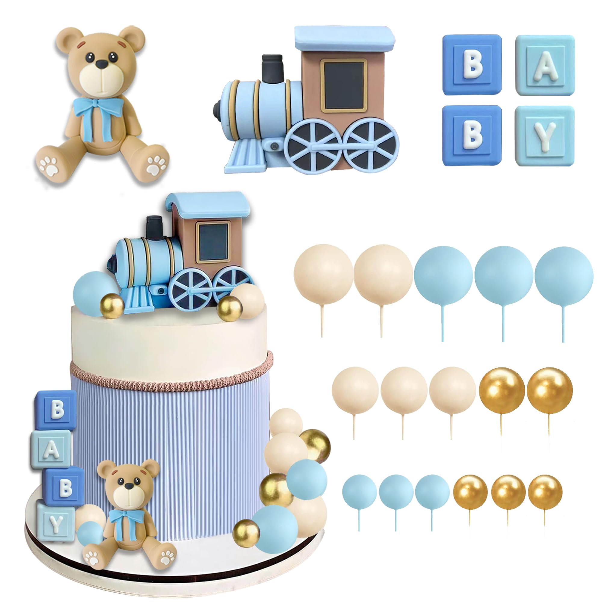 22 PCS BearITSC Cake Toppers Train Cake Toppers Bear Balls Cake ...