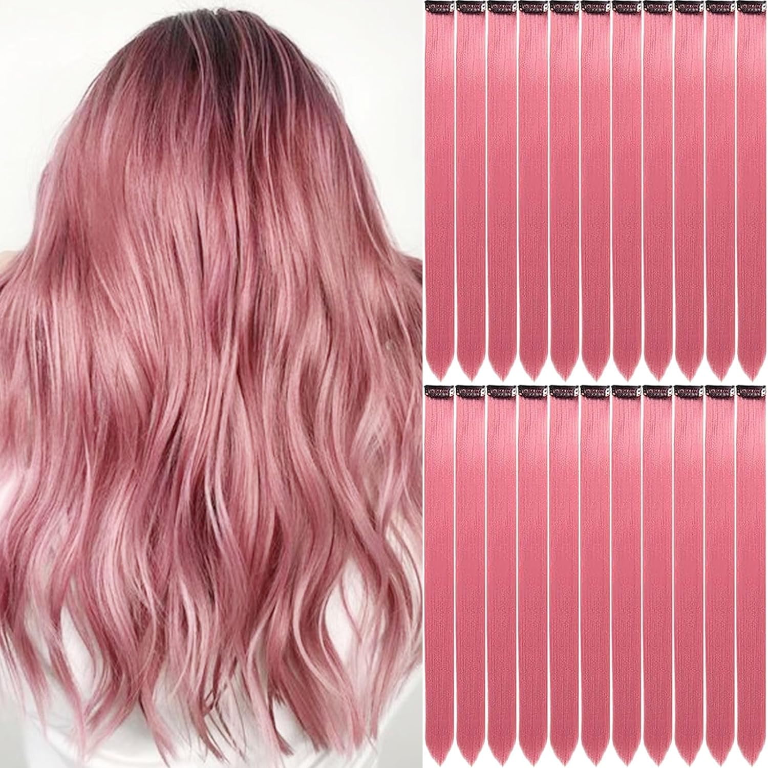 22 PCS Pink Hair Extensions Clip in, Olldag Colored Party Synthetic ...