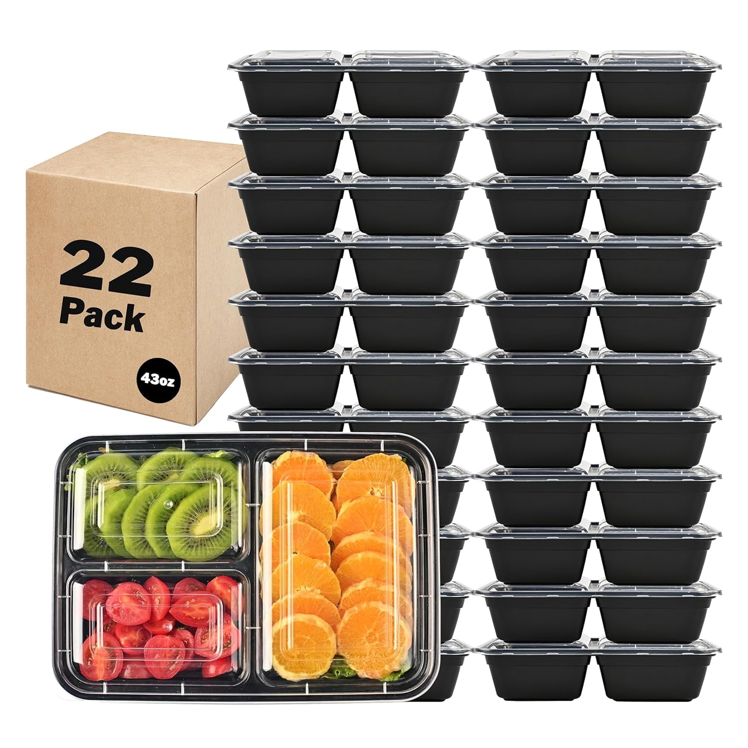 22 Pack Meal Prep Containers, 43OZ Bento Box, 3 Compartment Divided ...