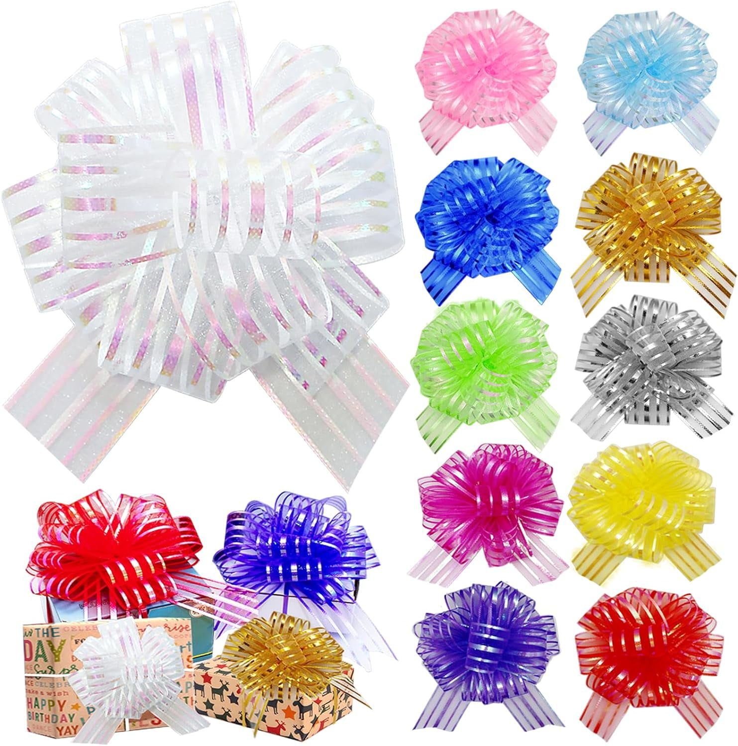 22 Pcs Gift Pull Bow, Large Gift Bow Organza Pull Bow with Ribbon for ...