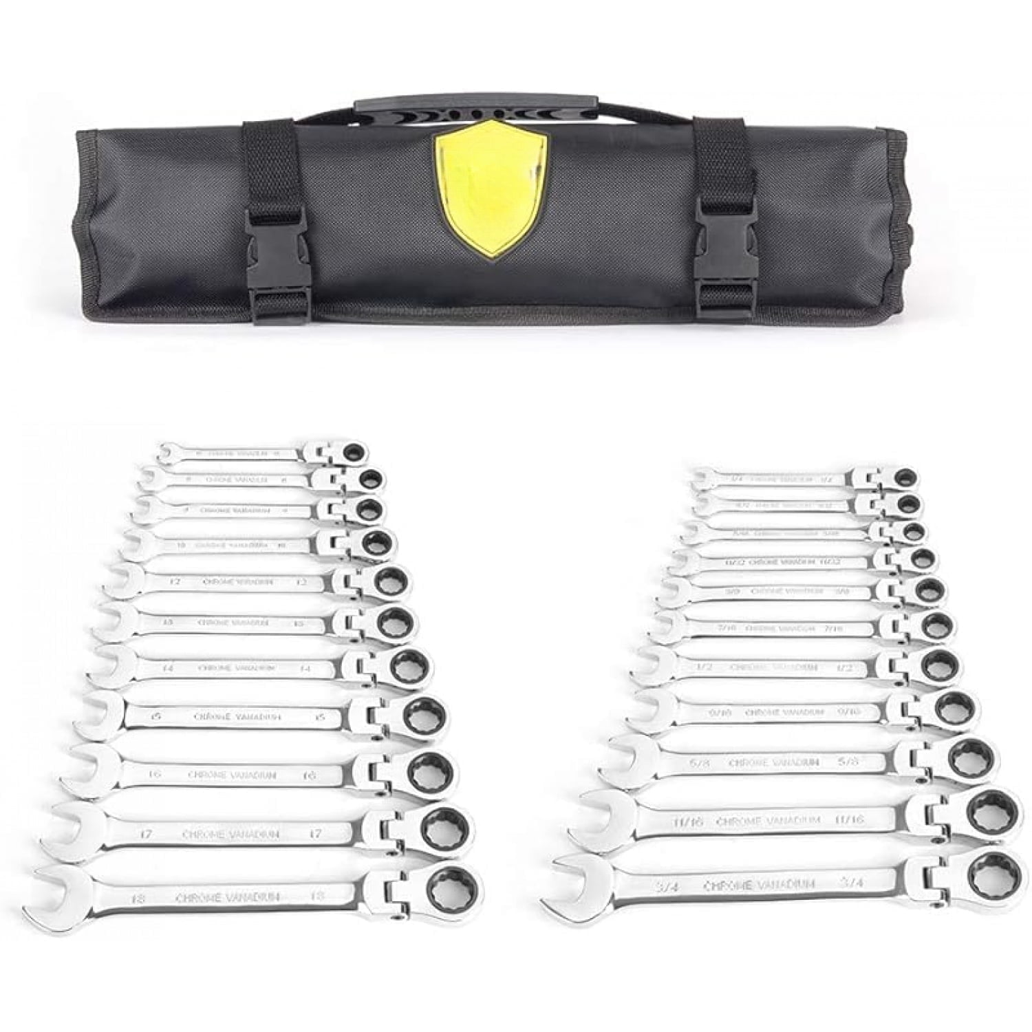 22-Piece Flex-Head Ratcheting Wrench Set，Metric & SAE Chrome Vanadium ...