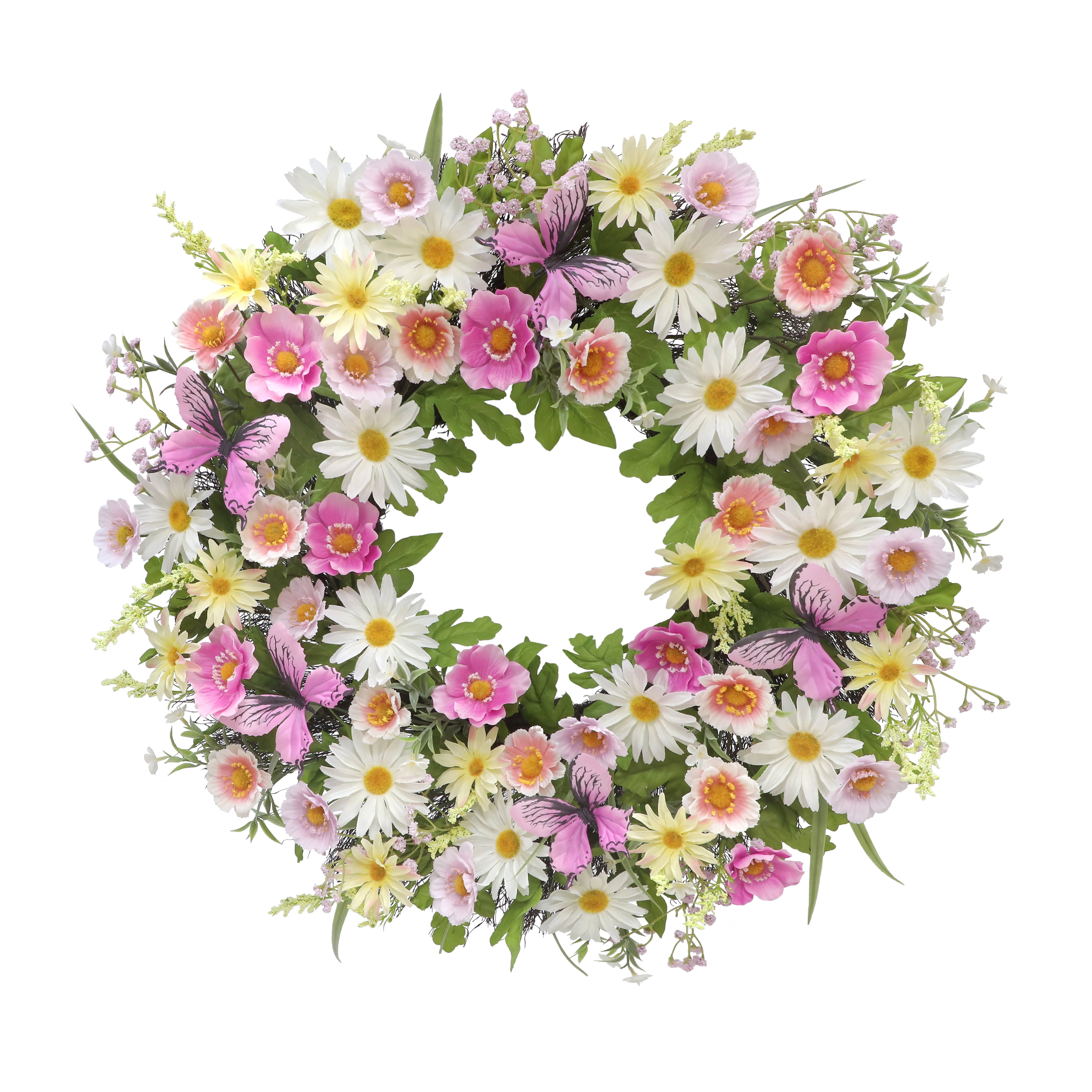 22" Pink - Cream & Yellow Daisy & Butterfly Mix Wreath by Ashland ...